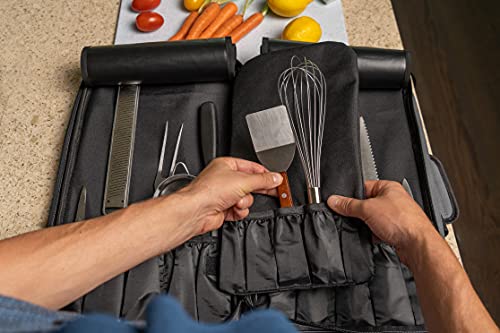 famzigo Silver Chef Knife Bag - 29 Flexible Universal Pockets, Detachable Adjustable Shoulder Strap - Professional Kitchen Accessories - Camping Storage, Carrying Case