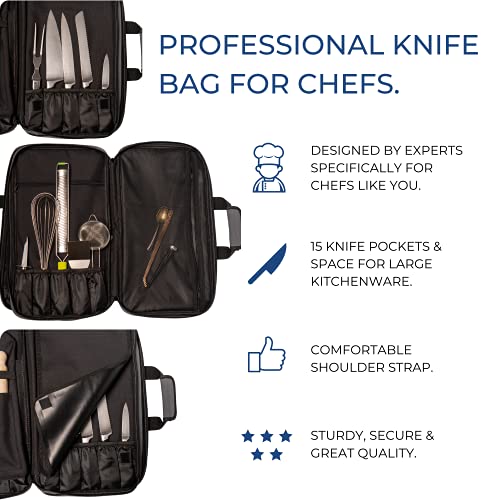 famzigo Silver Chef Knife Bag - 29 Flexible Universal Pockets, Detachable Adjustable Shoulder Strap - Professional Kitchen Accessories - Camping Storage, Carrying Case