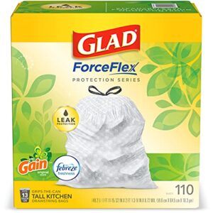 glad forceflex tall kitchen drawstring trash bags, 13 gallon white trash bag for kitchen trash can, gain original scent, odor shield, odor eliminator, leak protection, 110 count