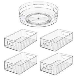 mDesign Plastic Kitchen Storage Bins with Handles and Lazy Susan Turntable Plastic Open Vented Spinner Combo Set for Kitchen, Pantry, Fridge/Freezer, Shelves, or Counter Organizing, Set of 5 - Clear