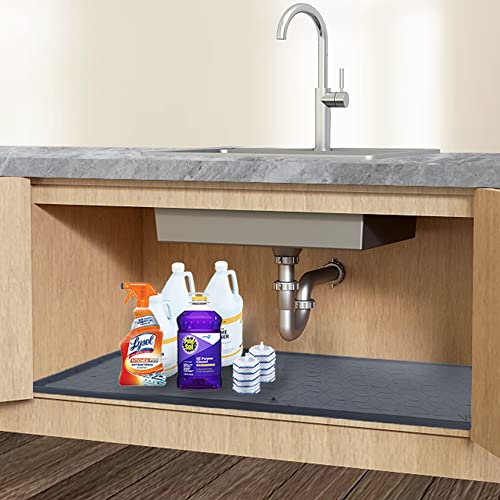 VDGPWA 34" x 22" Silicone Under Sink Mat, Waterproof Cabinet Protector & Drip Tray Liner for Bathroom Kitchen Gray