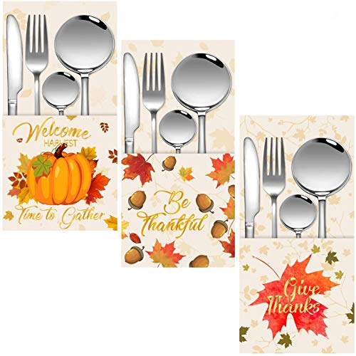 45 Pieces Thanksgiving Utensil Cutlery Holders Silverware Paper Bag Pockets with Gold Foil Words Maple Leaf Pumpkin Acorn Harvest Autumn Pattern for Fall Autumn Harvest Party Tableware Supplies