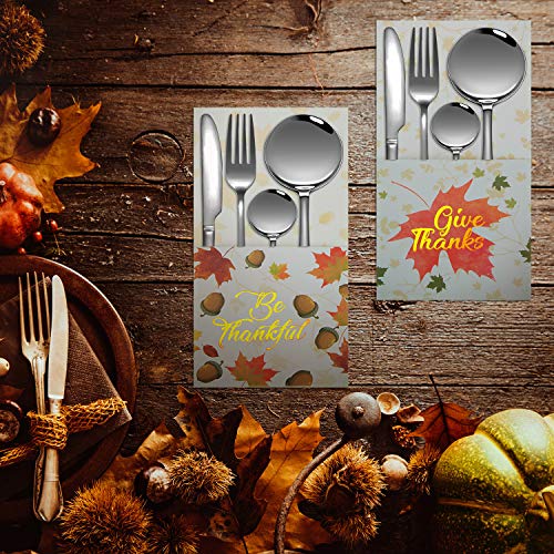 45 Pieces Thanksgiving Utensil Cutlery Holders Silverware Paper Bag Pockets with Gold Foil Words Maple Leaf Pumpkin Acorn Harvest Autumn Pattern for Fall Autumn Harvest Party Tableware Supplies