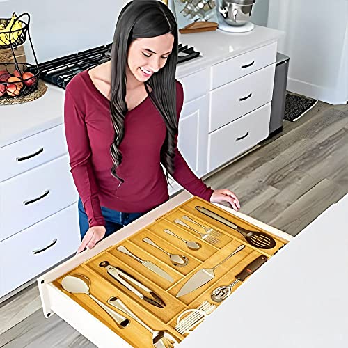 OKOMARSS Bamboo Expandable Drawer Organizer-Silverware Organizer & Kitchen Drawer Organizer and Utensil Organizer with Adjustable Cutlery Tray, Drawer Dividers for Kitchen Utensils (9 Slots) (Natural)