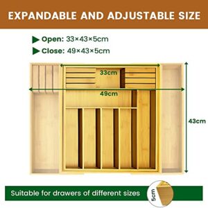 OKOMARSS Bamboo Expandable Drawer Organizer-Silverware Organizer & Kitchen Drawer Organizer and Utensil Organizer with Adjustable Cutlery Tray, Drawer Dividers for Kitchen Utensils (9 Slots) (Natural)