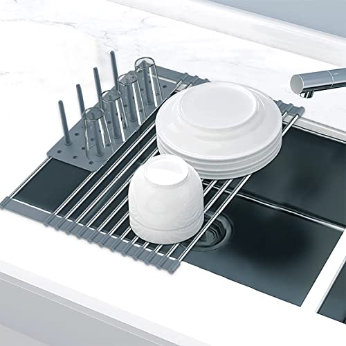 FHYNUI Roll Up Dish Drying Rack Over The Sink, 12.6"x22.9" Adjustable Foldable Sink Rack Stainless Steel Multipurpose Dish Drainer Drying Mat for Kitchen Counter with Cup Holder