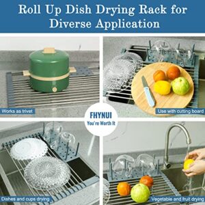 FHYNUI Roll Up Dish Drying Rack Over The Sink, 12.6"x22.9" Adjustable Foldable Sink Rack Stainless Steel Multipurpose Dish Drainer Drying Mat for Kitchen Counter with Cup Holder