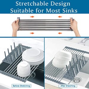 FHYNUI Roll Up Dish Drying Rack Over The Sink, 12.6"x22.9" Adjustable Foldable Sink Rack Stainless Steel Multipurpose Dish Drainer Drying Mat for Kitchen Counter with Cup Holder