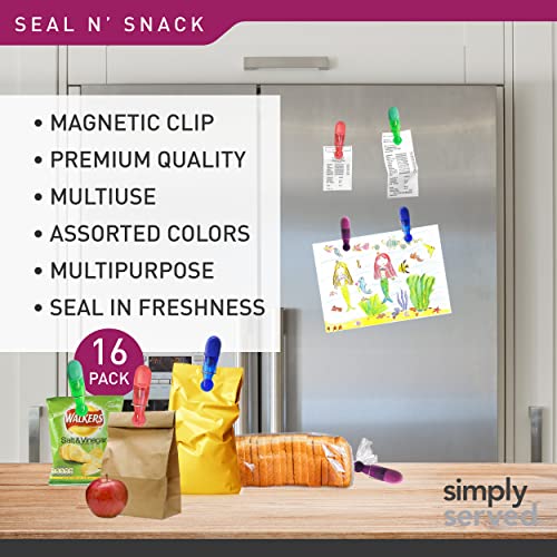 Simply Served Seal N Snack Multipurpose Clips Food Saving Chip Bag Sealers with Magnet Backs, 16 Pack, Colors may vary