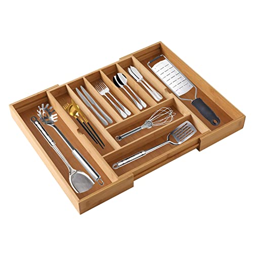 PENGKE Bamboo Kitchen Drawer Organizer for Utensils Holder,Expandable Cutlery Tray with Divider,Silverware Flatware Storage and Removable Knife Block,7 - 9 Slot