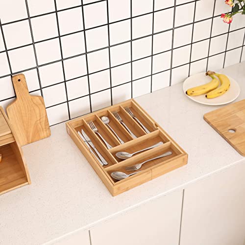 PENGKE Bamboo Kitchen Drawer Organizer for Utensils Holder,Expandable Cutlery Tray with Divider,Silverware Flatware Storage and Removable Knife Block,7 - 9 Slot