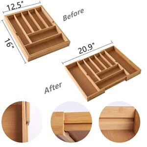 PENGKE Bamboo Kitchen Drawer Organizer for Utensils Holder,Expandable Cutlery Tray with Divider,Silverware Flatware Storage and Removable Knife Block,7 - 9 Slot