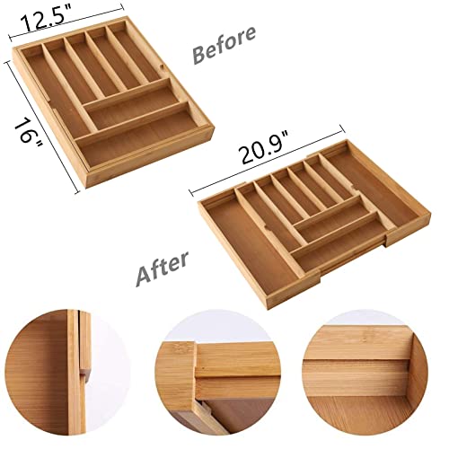 PENGKE Bamboo Kitchen Drawer Organizer for Utensils Holder,Expandable Cutlery Tray with Divider,Silverware Flatware Storage and Removable Knife Block,7 - 9 Slot