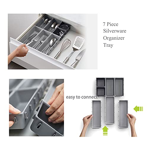 JIEQIJIAJU 7 Slots Silverware Tray for Drawer, Kitchen Drawer Organizer Utensils Holder Flatware Storage Tray Cutlery Organizer in Drawer for Forks and Spoons, Silverware Organizer Tray for Drawer