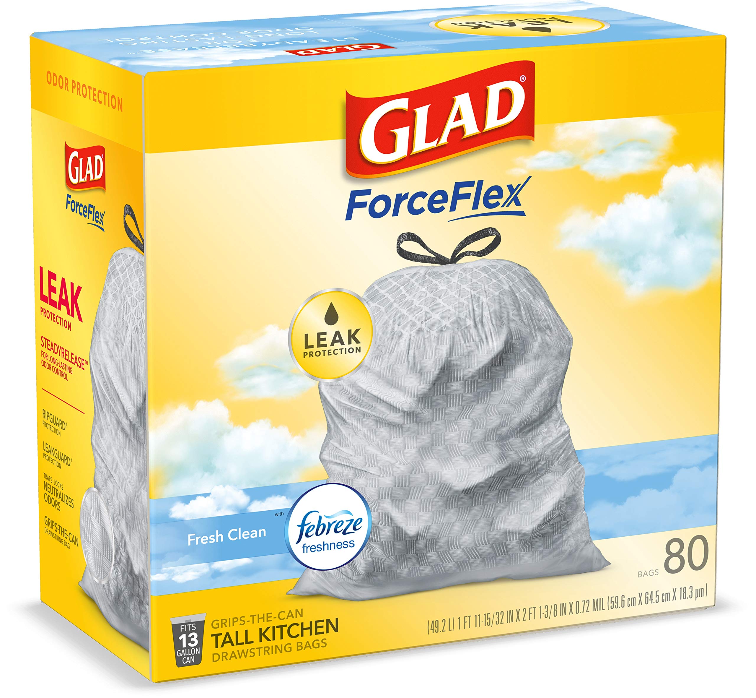 GLAD ForceFlex Tall Drawstring Trash Bags, 13 Gallon Grey Trash Bags for Tall Kitchen Trash Can, Fresh Clean with Febreze Freshness to Eliminate Odors, 80 Count - Packaging May Vary