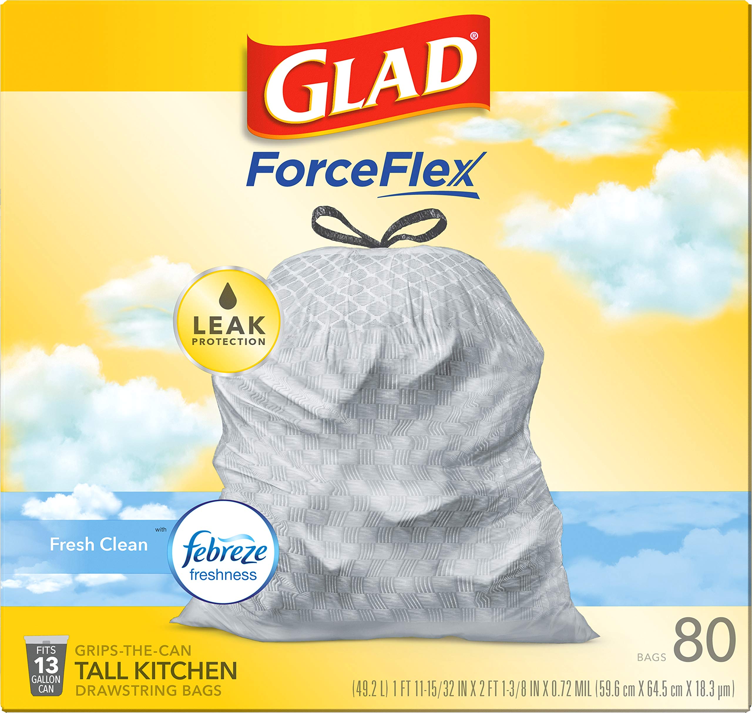 GLAD ForceFlex Tall Drawstring Trash Bags, 13 Gallon Grey Trash Bags for Tall Kitchen Trash Can, Fresh Clean with Febreze Freshness to Eliminate Odors, 80 Count - Packaging May Vary