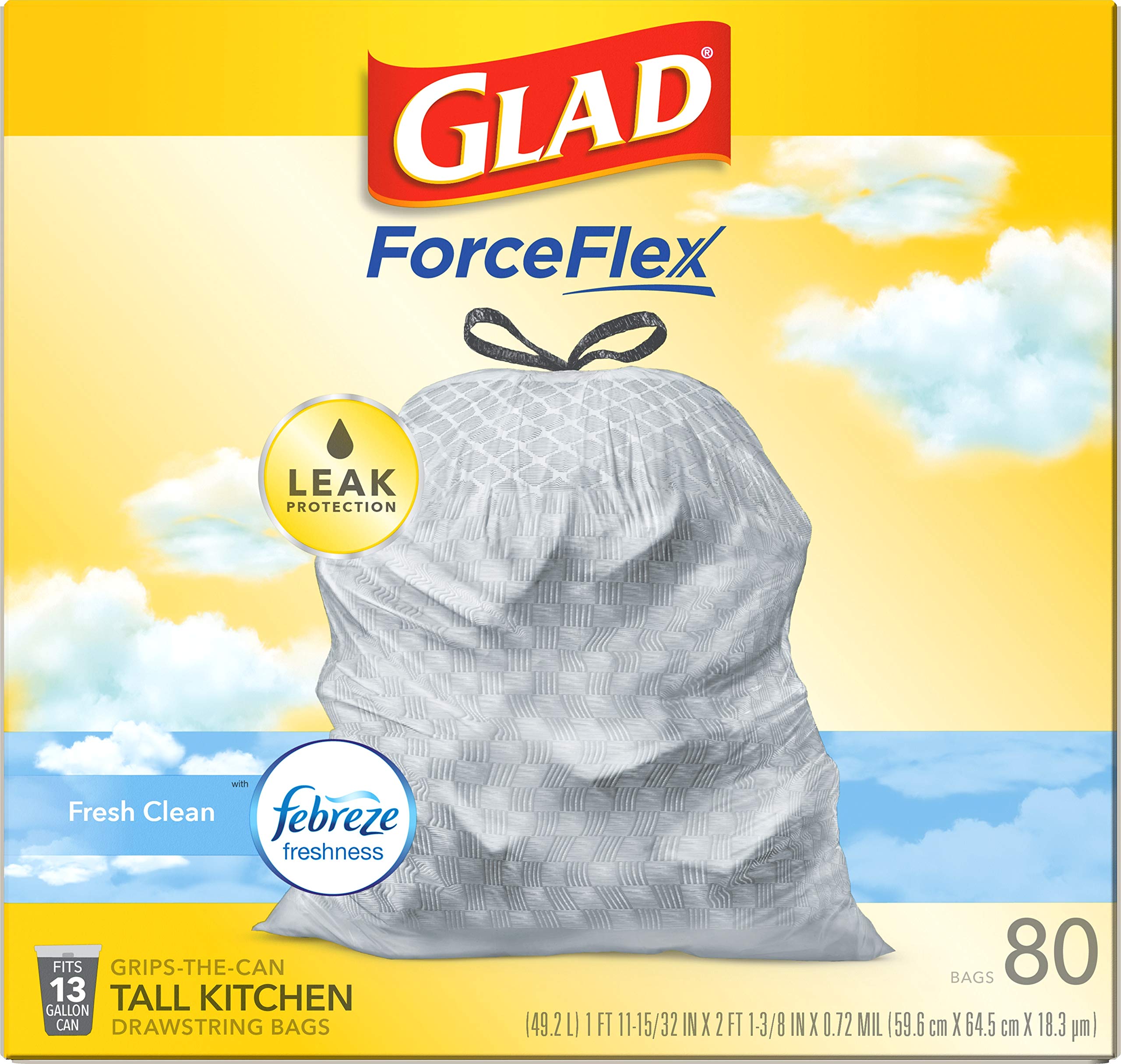 GLAD ForceFlex Tall Drawstring Trash Bags, 13 Gallon Grey Trash Bags for Tall Kitchen Trash Can, Fresh Clean with Febreze Freshness to Eliminate Odors, 80 Count - Packaging May Vary