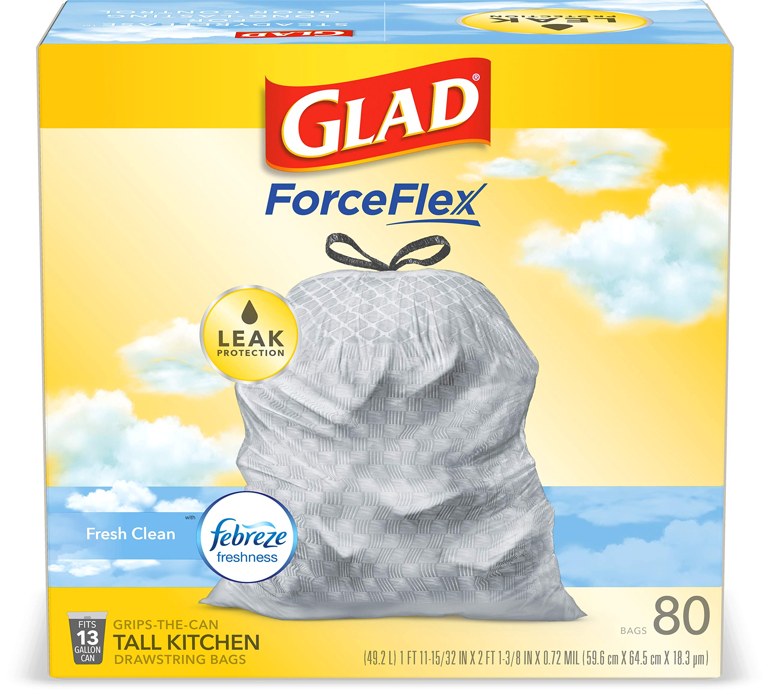 GLAD ForceFlex Tall Drawstring Trash Bags, 13 Gallon Grey Trash Bags for Tall Kitchen Trash Can, Fresh Clean with Febreze Freshness to Eliminate Odors, 80 Count - Packaging May Vary