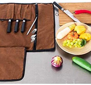 Chef’s Knife Roll, 5 Pockets Knife Bag,Waxed Canvas Roll Up Culinary Bag,Professional Cutlery Storage Case, Portable Knife Tool Roll Bag, Multi-Purpose Knife Cover For Cooking, Camping (Brown)