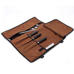 chef’s knife roll, 5 pockets knife bag,waxed canvas roll up culinary bag,professional cutlery storage case, portable knife tool roll bag, multi-purpose knife cover for cooking, camping (brown)