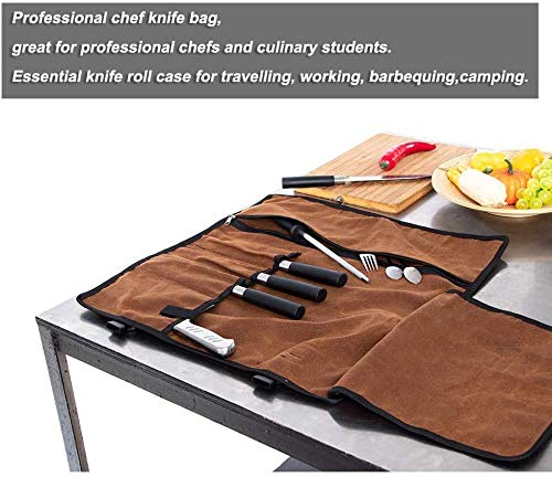 Chef’s Knife Roll, 5 Pockets Knife Bag,Waxed Canvas Roll Up Culinary Bag,Professional Cutlery Storage Case, Portable Knife Tool Roll Bag, Multi-Purpose Knife Cover For Cooking, Camping (Brown)