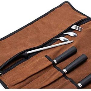 Chef’s Knife Roll, 5 Pockets Knife Bag,Waxed Canvas Roll Up Culinary Bag,Professional Cutlery Storage Case, Portable Knife Tool Roll Bag, Multi-Purpose Knife Cover For Cooking, Camping (Brown)