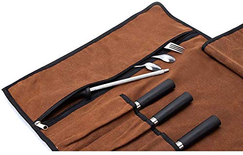 Chef’s Knife Roll, 5 Pockets Knife Bag,Waxed Canvas Roll Up Culinary Bag,Professional Cutlery Storage Case, Portable Knife Tool Roll Bag, Multi-Purpose Knife Cover For Cooking, Camping (Brown)