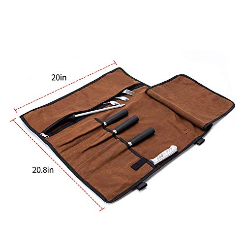 Chef’s Knife Roll, 5 Pockets Knife Bag,Waxed Canvas Roll Up Culinary Bag,Professional Cutlery Storage Case, Portable Knife Tool Roll Bag, Multi-Purpose Knife Cover For Cooking, Camping (Brown)