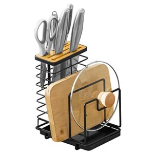 poeland cutting boards knife organizer, 3 in 1 kitchen organizer rack, kitchen utensils rack chopping boards/knives/pot pan lid storage with drip tray, black