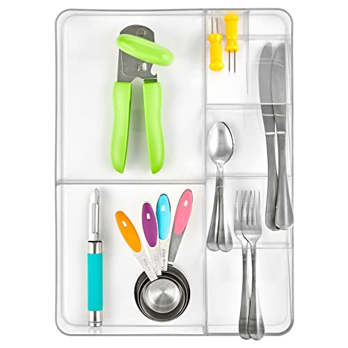 mDesign Modern Plastic Kitchen In-Drawer Cutlery and Utensil Organizer Tray Box for Kitchen Drawers/Pantry - Holds Knives, Spoons, Forks in Angled Compartments - 7 Sections - Clear