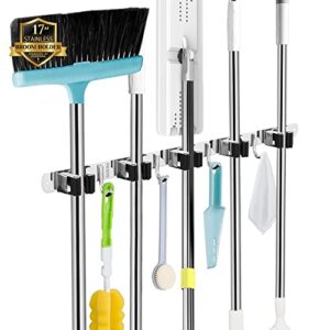 5 racks and 4 hooks mop and broom holder wall mount, broom organizer storage tool racks stainless steel heavy duty hooks self adhesive solid non-slip for home kitchen garden laundry garage