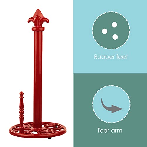 Home Basics Weighted Cast Iron Steel Fleur De Lis Paper Towel Holder and Dispenser Stand, Red