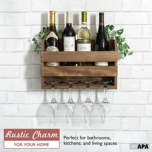 Ilyapa Rustic Wooden Wall Mounted Wine Rack - Wine Bottles & 4 Stemware Glass Holder for Home Bar, Kitchen, Farmhouse Decor (Barnwood)