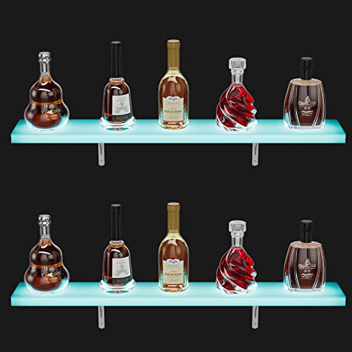 Oarlike LED Liquor Bottle Display Shelf 32 inch Acrylic Lighted Bar Shelf with RF Remote Controller for Home Commercial Bar Floating Wall Mounted Display Shelves 2 Pieces