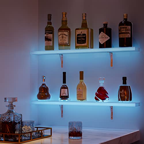 Oarlike LED Liquor Bottle Display Shelf 32 inch Acrylic Lighted Bar Shelf with RF Remote Controller for Home Commercial Bar Floating Wall Mounted Display Shelves 2 Pieces