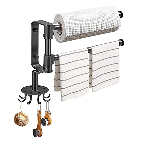 LeFroom Paper Towel Holder, 2-in-1 Punch-Free or Wall Mounted Paper Towel Roll Rack with 8 Hooks for Kitchen,Shower Bathroom,Laundry Room Rack ,Camper Rack , Counter Space Saver