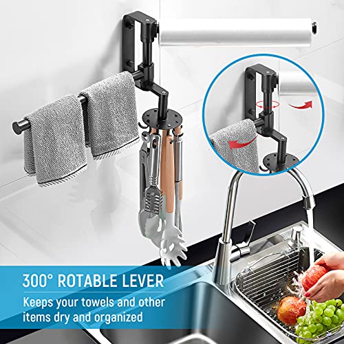 LeFroom Paper Towel Holder, 2-in-1 Punch-Free or Wall Mounted Paper Towel Roll Rack with 8 Hooks for Kitchen,Shower Bathroom,Laundry Room Rack ,Camper Rack , Counter Space Saver