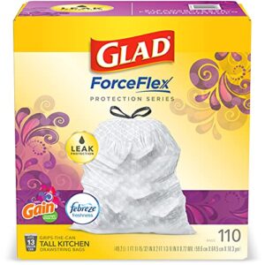 glad forceflex tall kitchen drawstring trash bags, 13 gallon white trash bag for kitchen trash can, gain moonlight breeze with febreze freshness and leak protection, 110 count (package may vary)