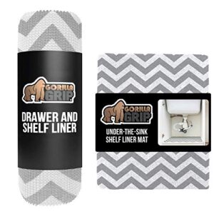 gorilla grip drawer liner and under sink mat liner, both in chevron gray white pattern, drawer and shelf liner size is 12×20, under sink mat size is 24×30, waterproof, easy to trim, 2 item bundle