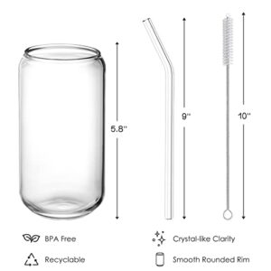 NETANY Drinking Glasses with Glass Straw 4pcs Set - 16oz Can Shaped Glass Cups, Beer Glasses, Iced Coffee Glasses, Cute Tumbler Cup, Ideal for Whiskey, Soda, Tea, Water, Gift - 2 Cleaning Brushes