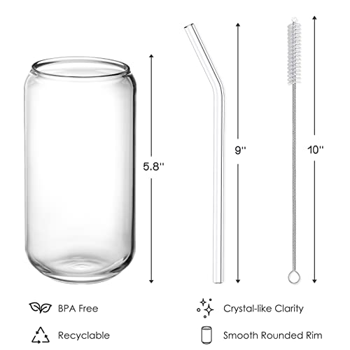 NETANY Drinking Glasses with Glass Straw 4pcs Set - 16oz Can Shaped Glass Cups, Beer Glasses, Iced Coffee Glasses, Cute Tumbler Cup, Ideal for Whiskey, Soda, Tea, Water, Gift - 2 Cleaning Brushes