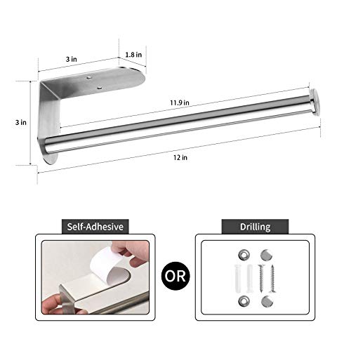 Paper Towel Holder Under Cabinet, OBODING, Self Adhesive or Drilling, Paper Towel Holder Wall Mount, 304 Stainless Steel Towel Rack for Kitchen Organization and Storage (12.05 inches)