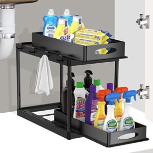 under sink organizer with dual sliding drawers, 2 tier under kitchen sink organizers and storage with 4 hooks, slide out under-sink storage for bathroom organizer, kitchen organization (black)