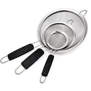 makerstep set of 3 stainless steel fine mesh strainers graduated sizes 3.38″, 5.5″, 7.87″ strainer wire sieve sifter with insulated handle for kitchen gadgets tools – new home kitchen essentials