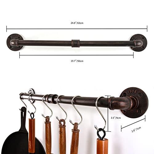 HOEMLIM Pipe Pot Pan Rack Wall Mounted Industrial Utensil Lid Holder Cookware Hanger Kitchen Organizer Hanging Bar Rail with S Hooks(24 inch,Red Bronze)