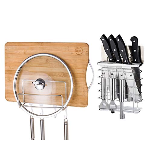 DRNKS Pot Rack Multifunctional Pot Lid Rack Kitchen Household Punch-free Wall-mounted Knife Holder Stainless Steel Storage Shelf Applicable to kitchen stove (Color : Pot cover+knife holder)