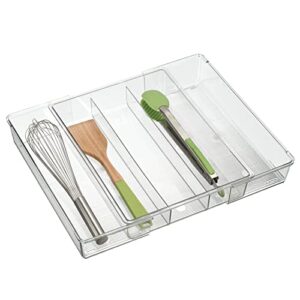 mdesign adjustable, expandable plastic in-drawer utensil organizer tray deep 3 section divided for kitchen organization; holds cutlery, flatware, silverware, cooking utensils, ligne collection, clear