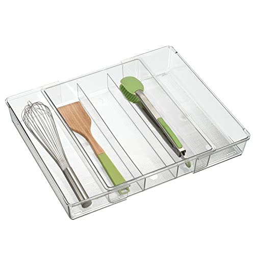 mDesign Adjustable, Expandable Plastic In-Drawer Utensil Organizer Tray Deep 3 Section Divided for Kitchen Organization; Holds Cutlery, Flatware, Silverware, Cooking Utensils, Ligne Collection, Clear