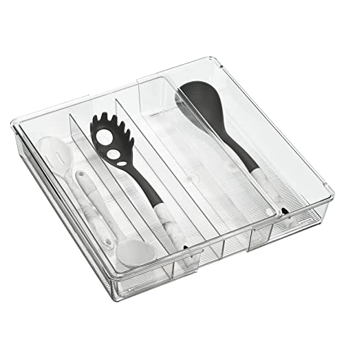 mDesign Adjustable, Expandable Plastic In-Drawer Utensil Organizer Tray Deep 3 Section Divided for Kitchen Organization; Holds Cutlery, Flatware, Silverware, Cooking Utensils, Ligne Collection, Clear