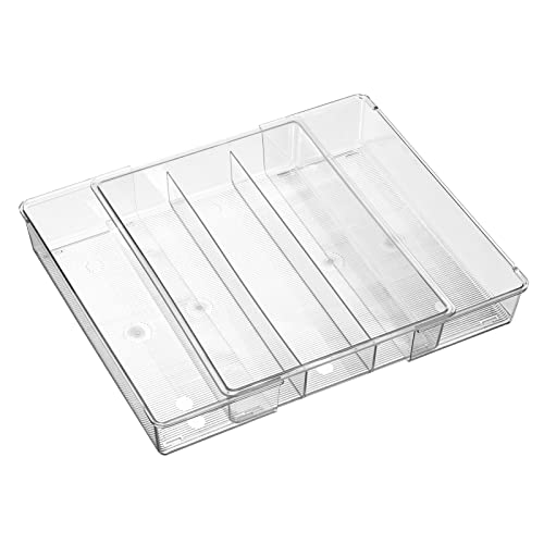 mDesign Adjustable, Expandable Plastic In-Drawer Utensil Organizer Tray Deep 3 Section Divided for Kitchen Organization; Holds Cutlery, Flatware, Silverware, Cooking Utensils, Ligne Collection, Clear